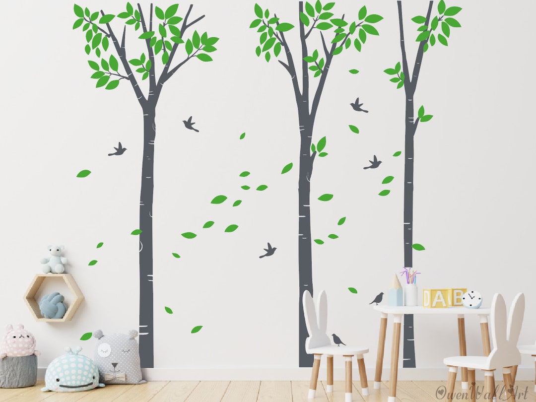 Birch Tree Decal, Birch Tree With Birds Wall Art, Nursery Birch Tree ...