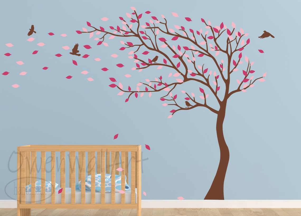 Large Tree Wall Decal Blowing Leaves Tree Wall Decal Tree | Etsy