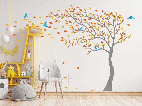 Large Tree Wall Decal Blowing Leaves Tree Wall Decal Tree | Etsy