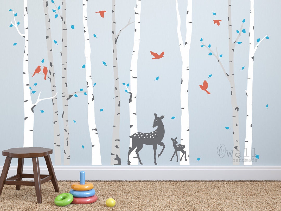 Large Birch Tree Deer Wall Decal: Woodland Nursery Art - Etsy