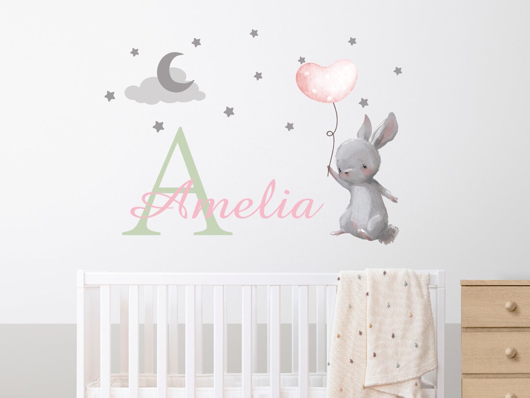 Balloon Flying Bunny Wall Decals, Custom Name Bunny Rabbit Name ...