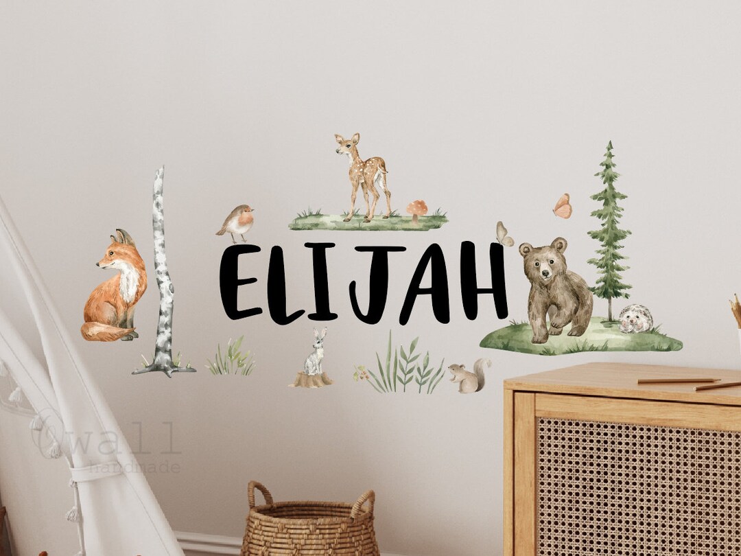 Custom Woodland Animals Name Wall Decal Personalized Bear Fox Pines ...