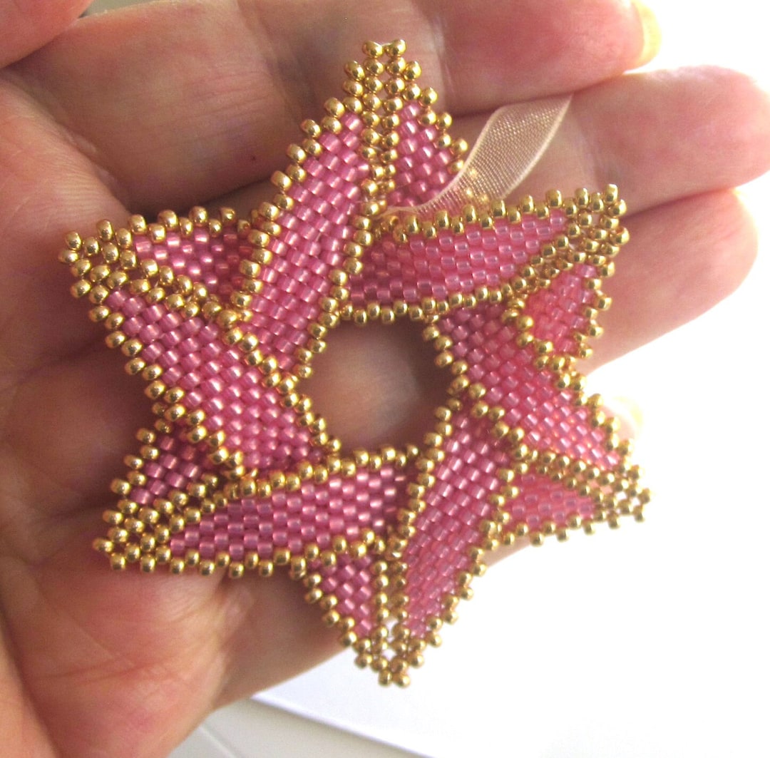 Star of David Ornament, Hand-beaded Magen David, Pink and Gold, Jewish ...