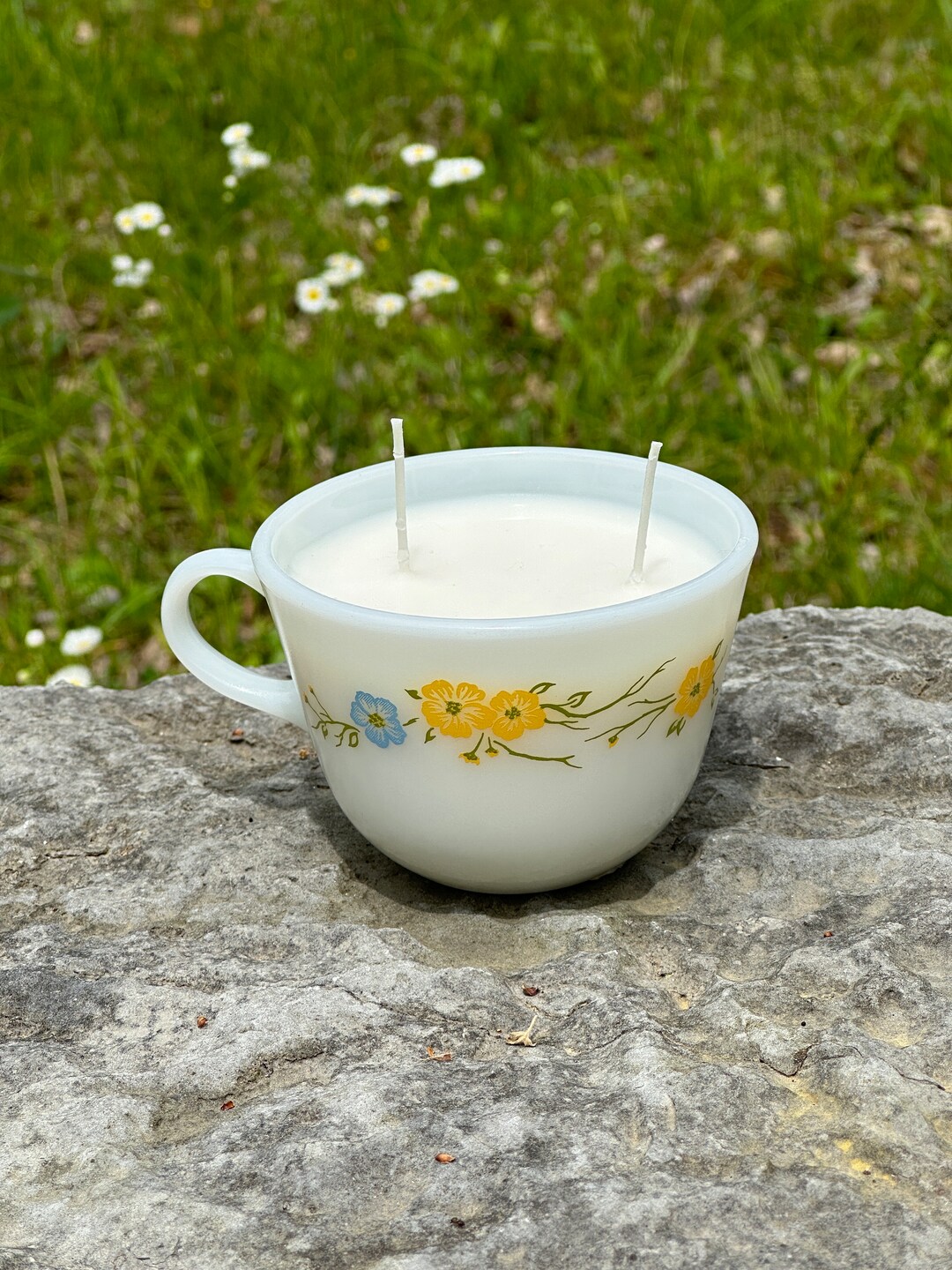 Candle in Pyrex “flirtation Butterflies Blue Yellow” Mug Cup, Choose ...