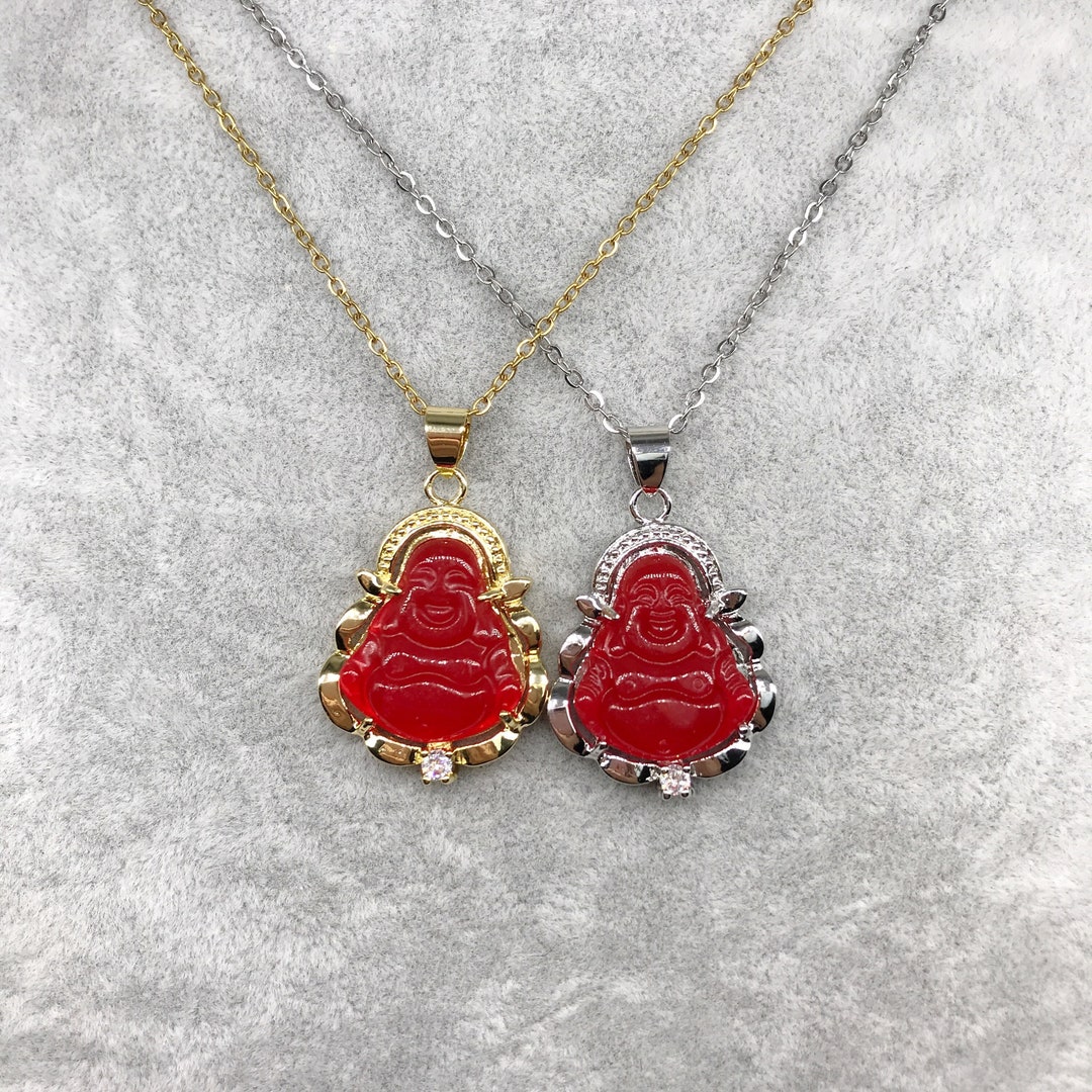 Red Jade Buddha Pendant Necklace, Gold Plated/ White Gold Plated - Etsy