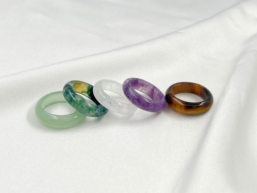 Natural Gemstone Band Ring, 7 Mm, Jade, Moss Agate, Clear Quartz ...
