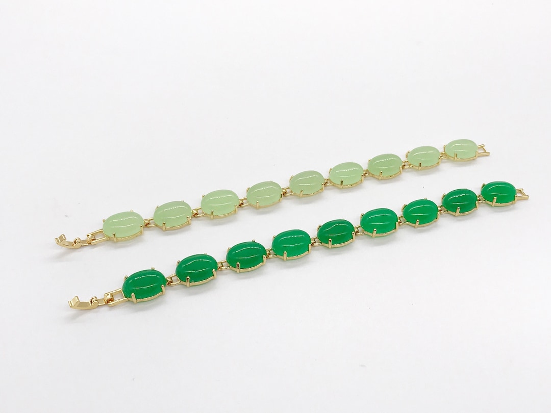 Genuine Green Oval Jade Link Bracelet, Gold Plated - Etsy