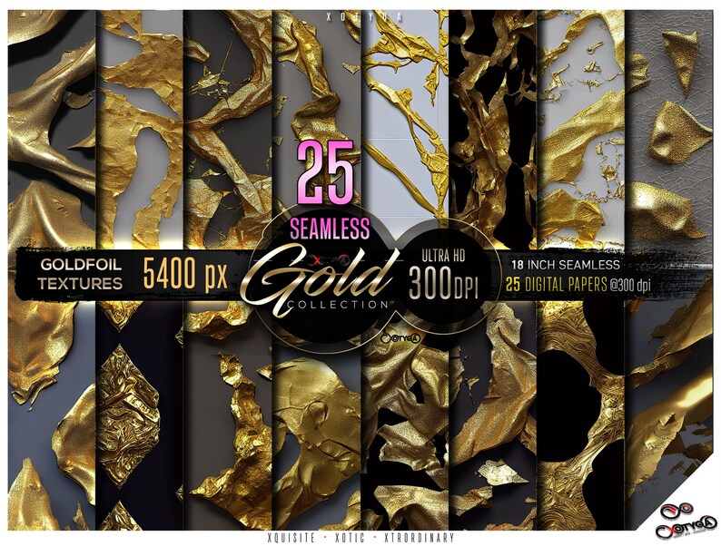 Seamless Gold Textures, 25 ULTRA Hi-res Digital Papers 5400px @300dpi ...