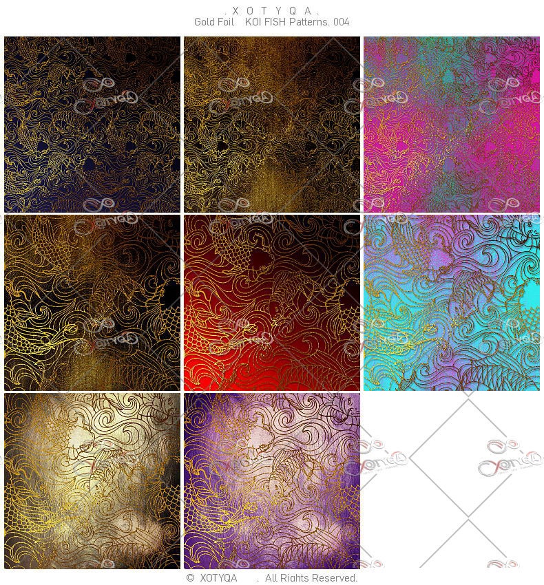 Gold Foil KOI FISH Art 004 , 8 ULTRA Hires Digital Papers 12x12in ...