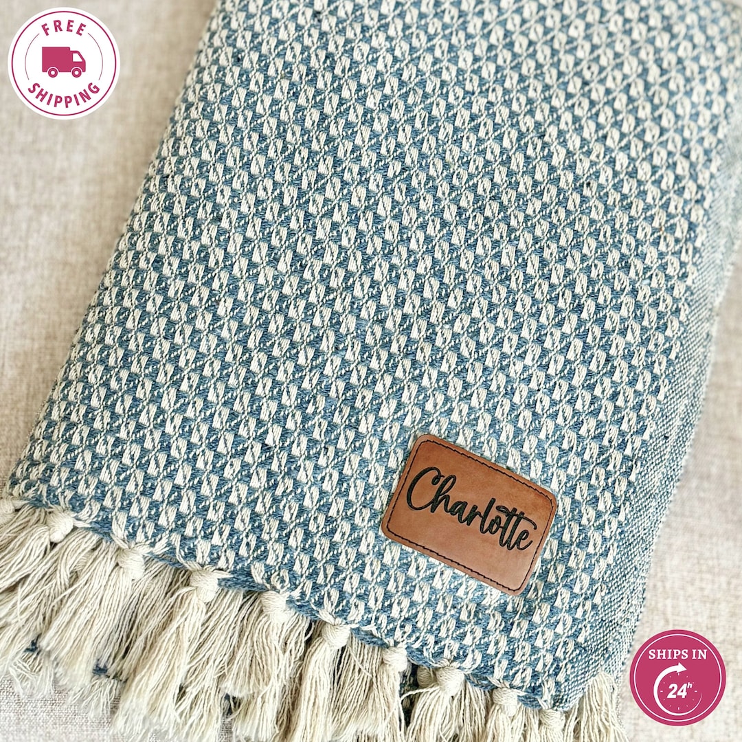 Monogrammed Blanket With Name on Leather Patch, Personalized Blanket ...