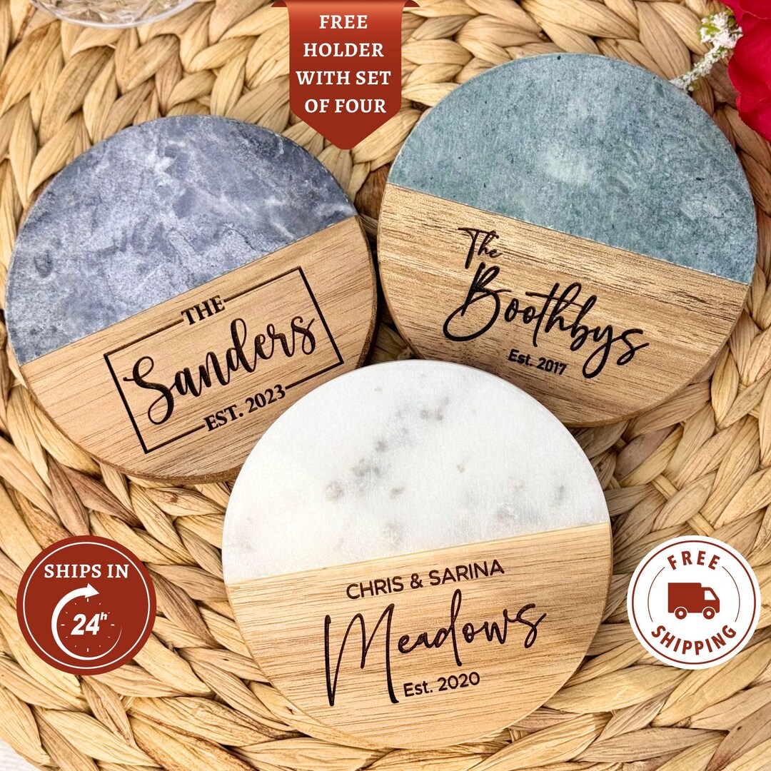 Personalized Marble Wood Coasters Gift Set, Custom Engraved Coaster Set ...