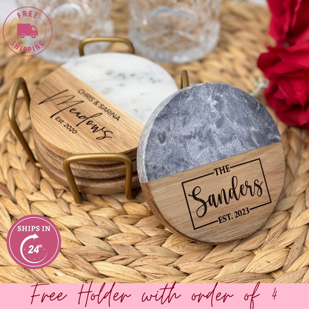 Personalized Marble Wood Coasters for Couple Gift, Gift for Wedding or ...