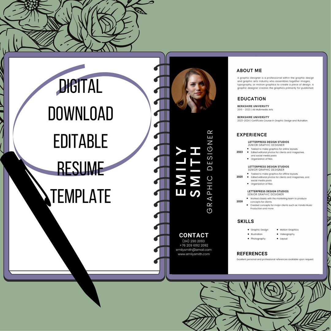 Editable Digital Download Resume Template, Resume Template, Digital ...