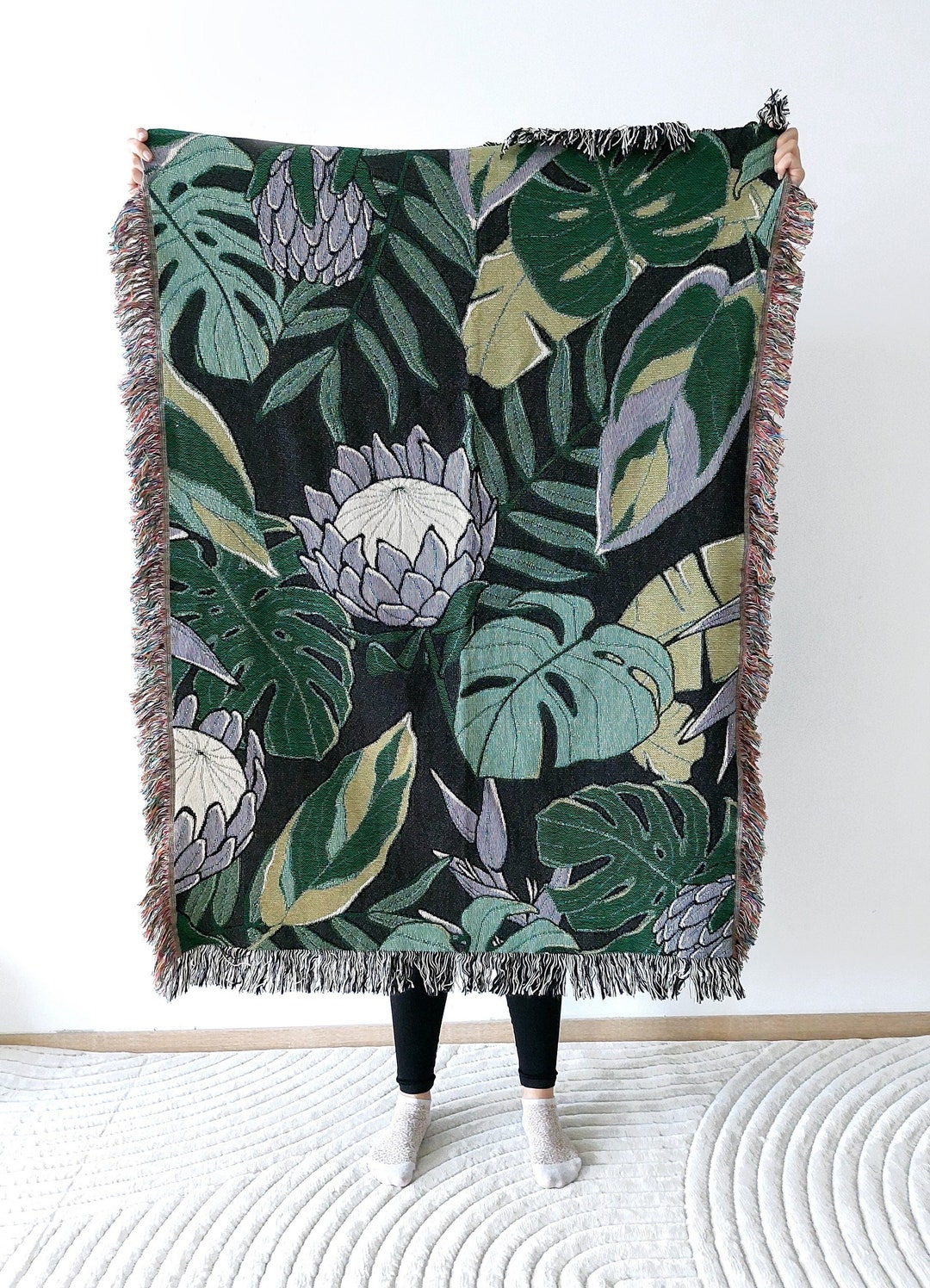 Tropical Leaves and Flowers Cotton Blanket Cotton Woven Throw Jungle ...