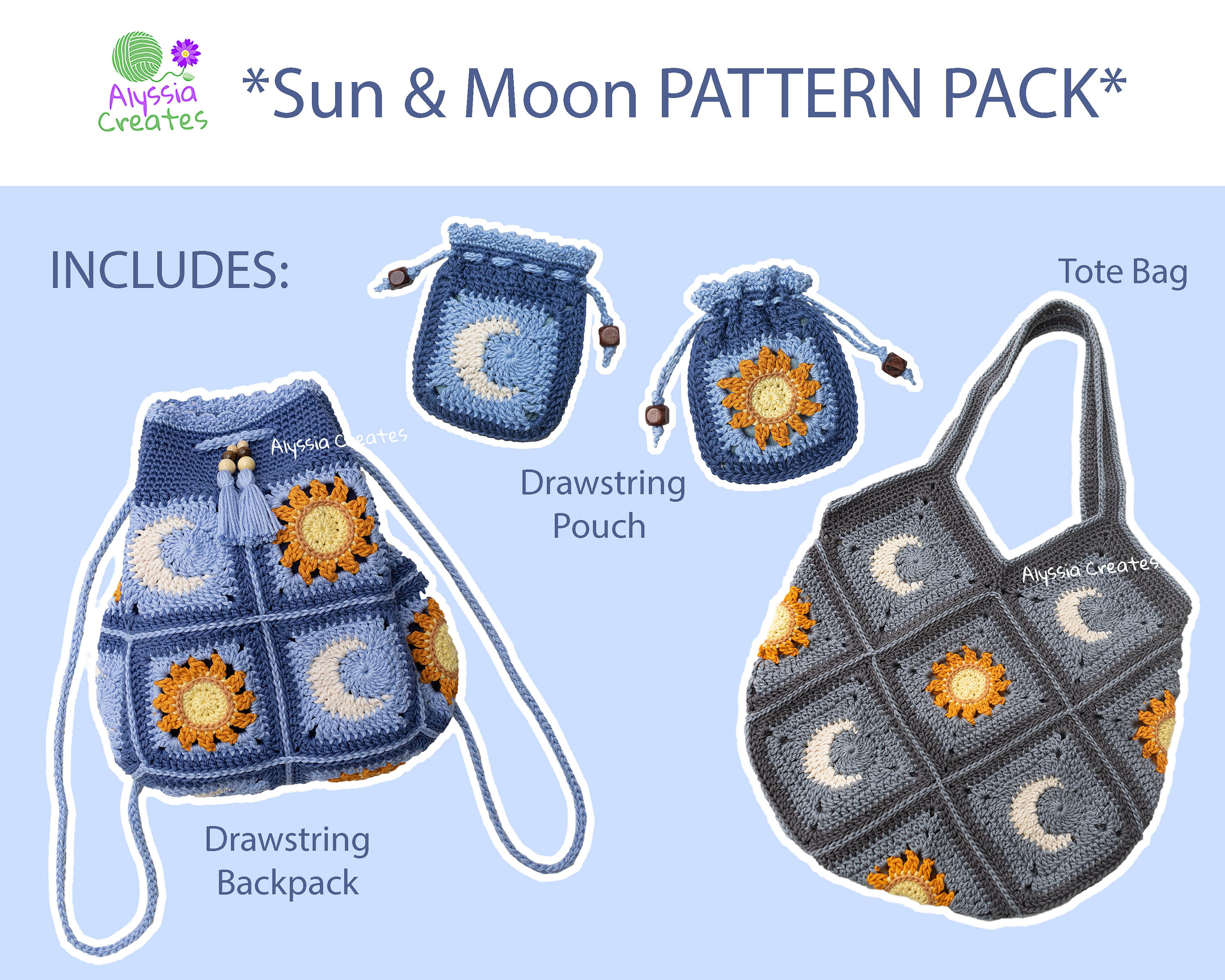Sun and Moon Crochet PDF PATTERN PACK Includes: Drawstring - Etsy UK