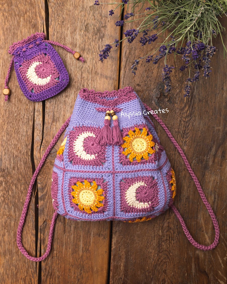 PDF PATTERN PACK - Crochet Sun & Moon Drawstring Backpack and Crossbody ...