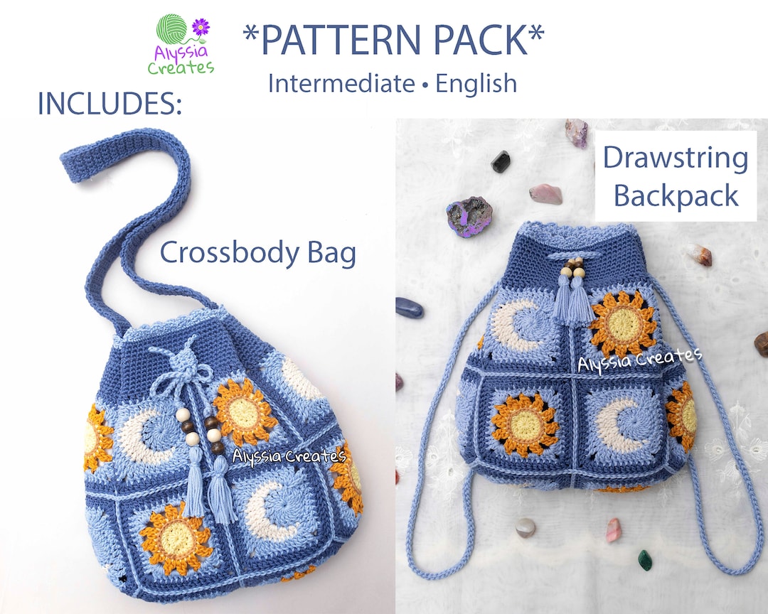 PDF PATTERN PACK - Crochet Sun & Moon Drawstring Backpack and Crossbody ...