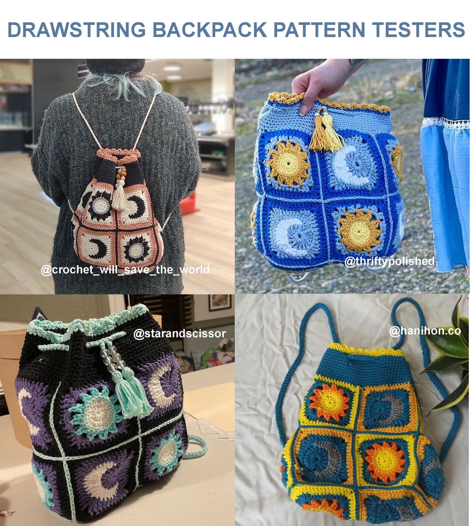 PDF PATTERN PACK - Crochet Sun & Moon Drawstring Backpack and Crossbody ...