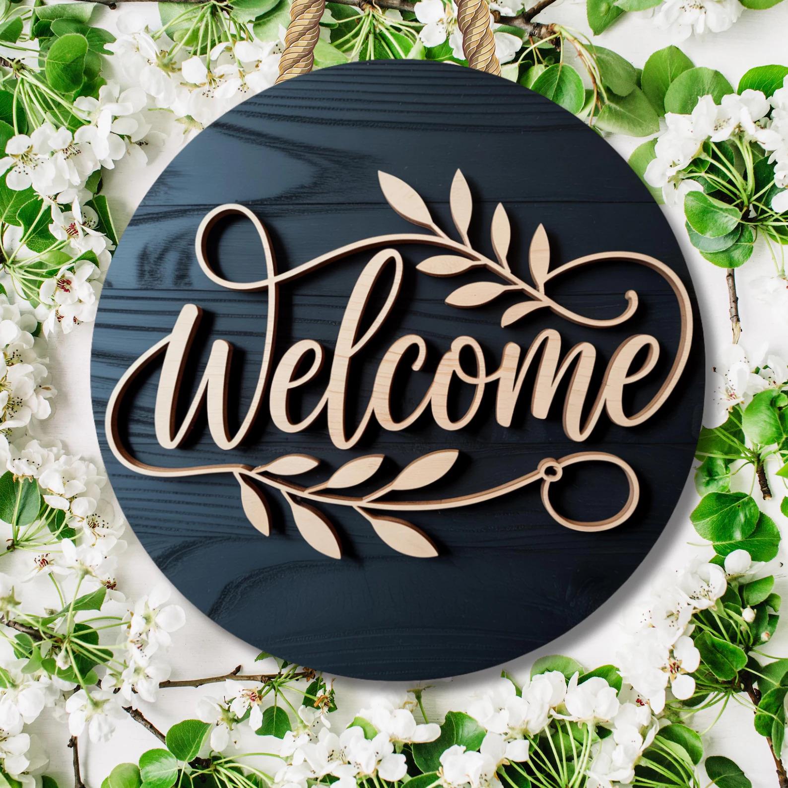 Wooden Welcome Sign Round Door Hanger Front Door Decor Farmhouse Wreath ...
