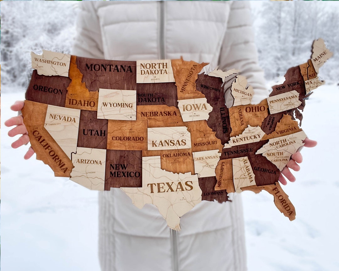 US Travel Map, Push Pin Map, Wood Map of United States, 3D US Map, Wall ...