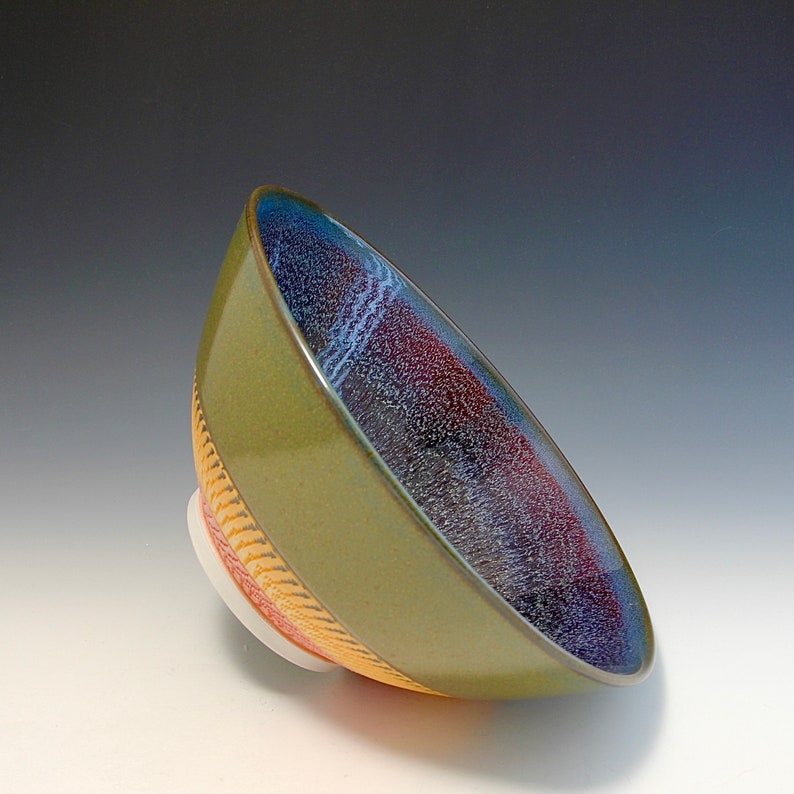 Wheel-thrown Porcelain Bowl With Red, Olive and Blue Glazes With ...