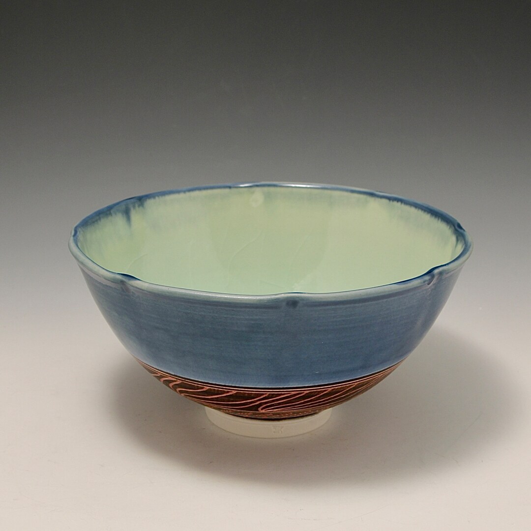 Wheel-thrown Porcelain Altered Rim Bowl With Blue and Light Green ...