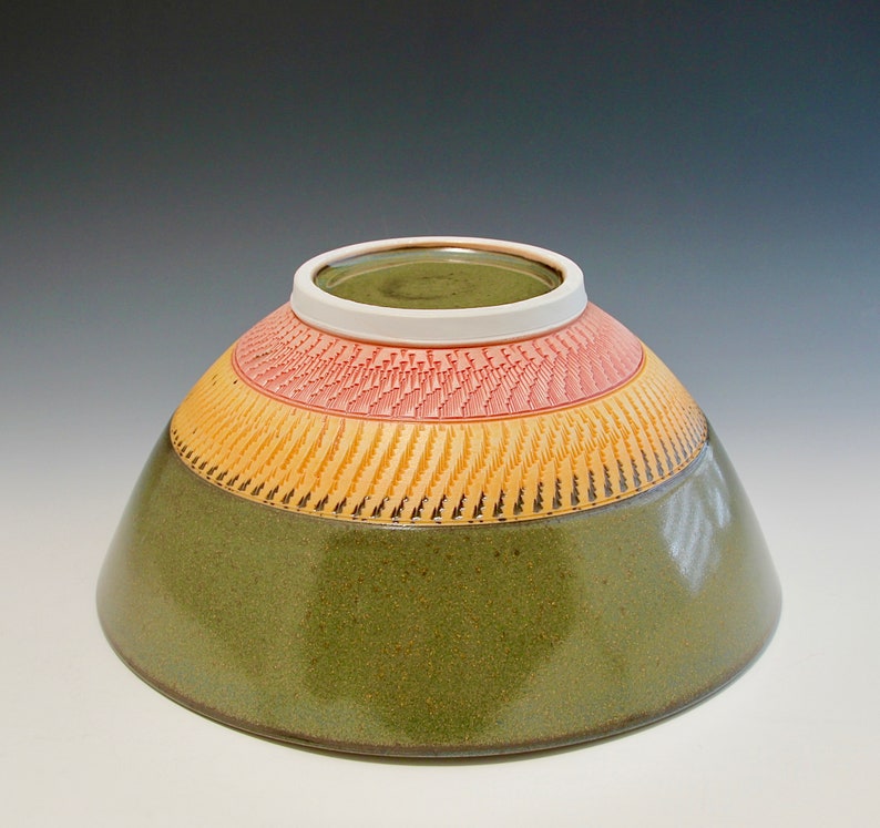 Wheel-thrown Porcelain Bowl With Red, Olive and Blue Glazes With Chattering Texture by Hsin ...