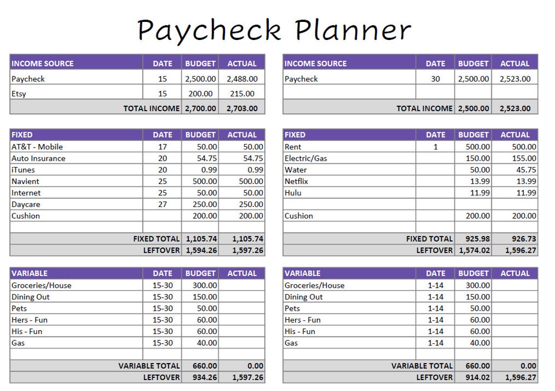 Monthly Paycheck Planner Worksheet | Budget Insert | Excel | 8.5x11 ...