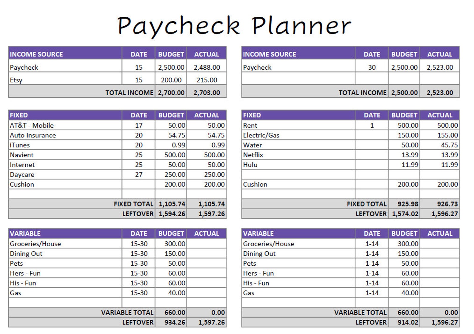 Monthly Paycheck Planner Worksheet | Budget Insert | Excel | 8.5x11 ...