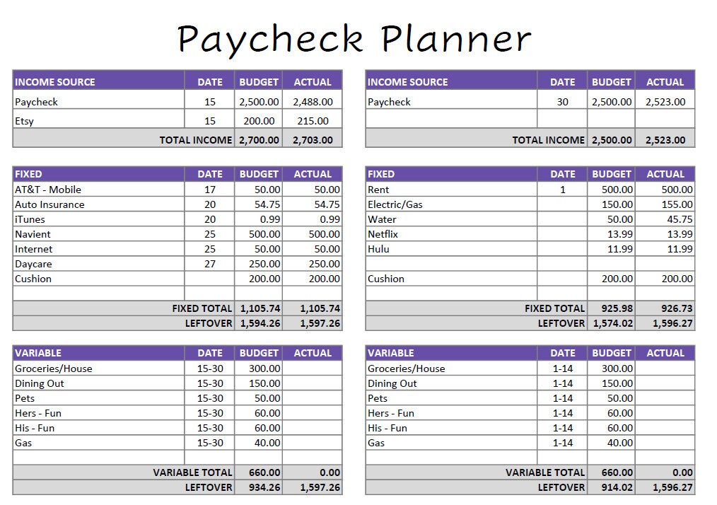 Monthly Paycheck Planner Worksheet | Budget Insert | Excel | 8.5x11 ...