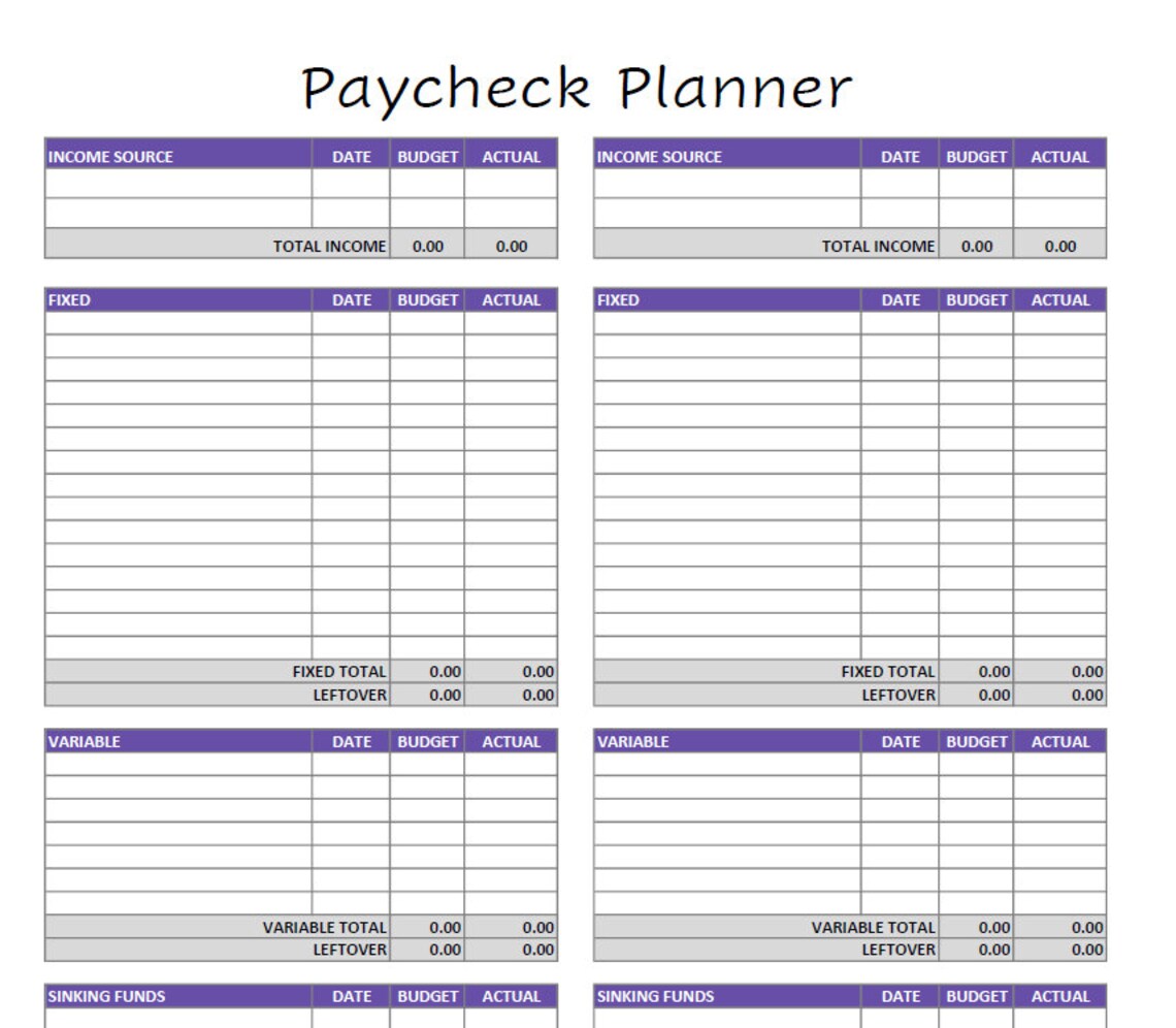 Monthly Paycheck Planner Worksheet | Budget Insert | Excel | 8.5x11 ...