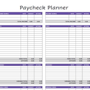 Monthly Paycheck Planner Worksheet | Budget Insert | Excel | 8.5x11 ...