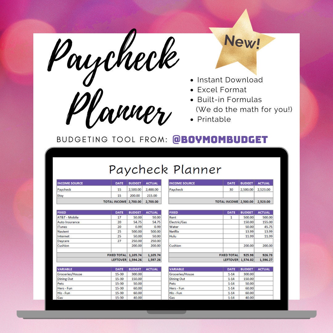 Monthly Paycheck Planner Worksheet | Budget Insert | Excel | 8.5x11 ...