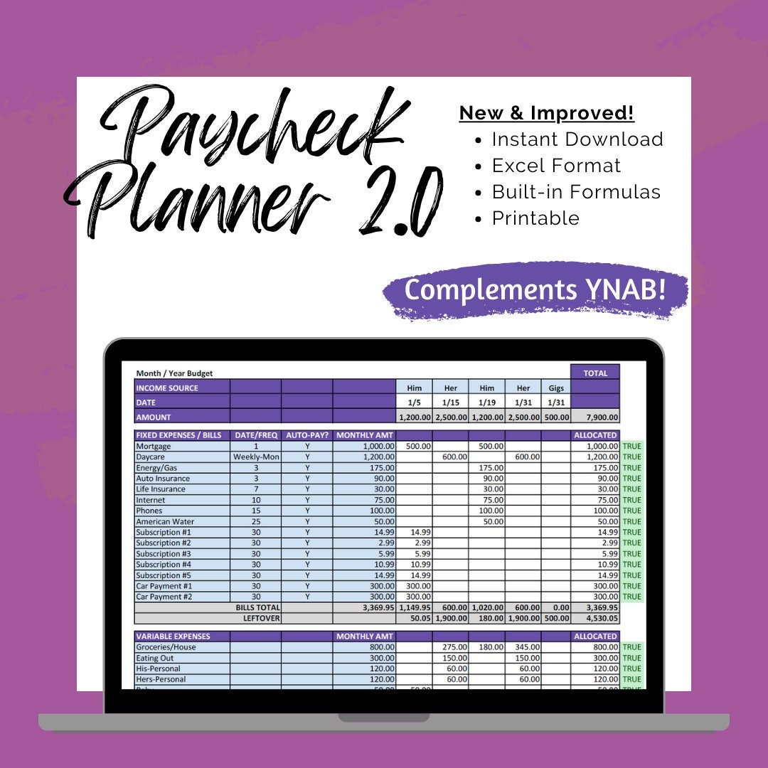 Monthly Paycheck Planner Worksheet 2.0 | Budget Insert | Excel | 8.5x11 ...