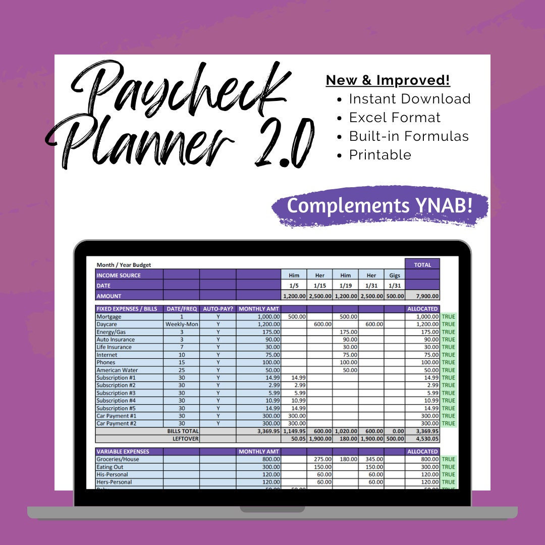 Monthly Paycheck Planner Worksheet 2.0 | Budget Insert | Excel | 8.5x11 ...