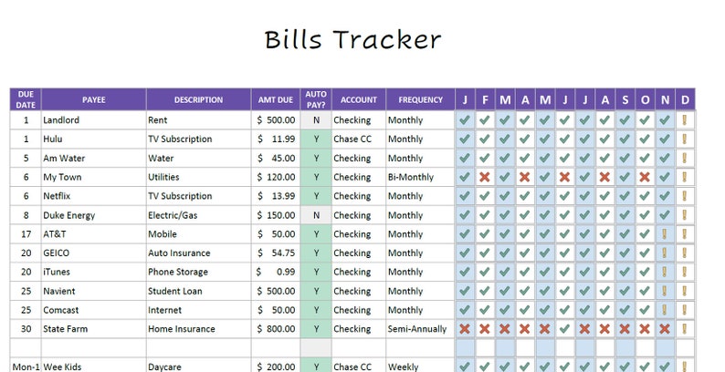Bills Tracker | Budget Insert | Excel | 8.5x11 | INSTANT DOWNLOAD ...