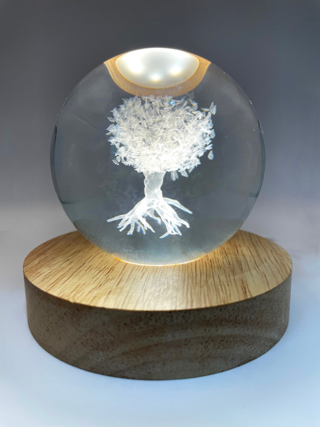 Tree of Life Crystal Ball Sphere on Wood Light Stand, 80mm Glass Sphere ...