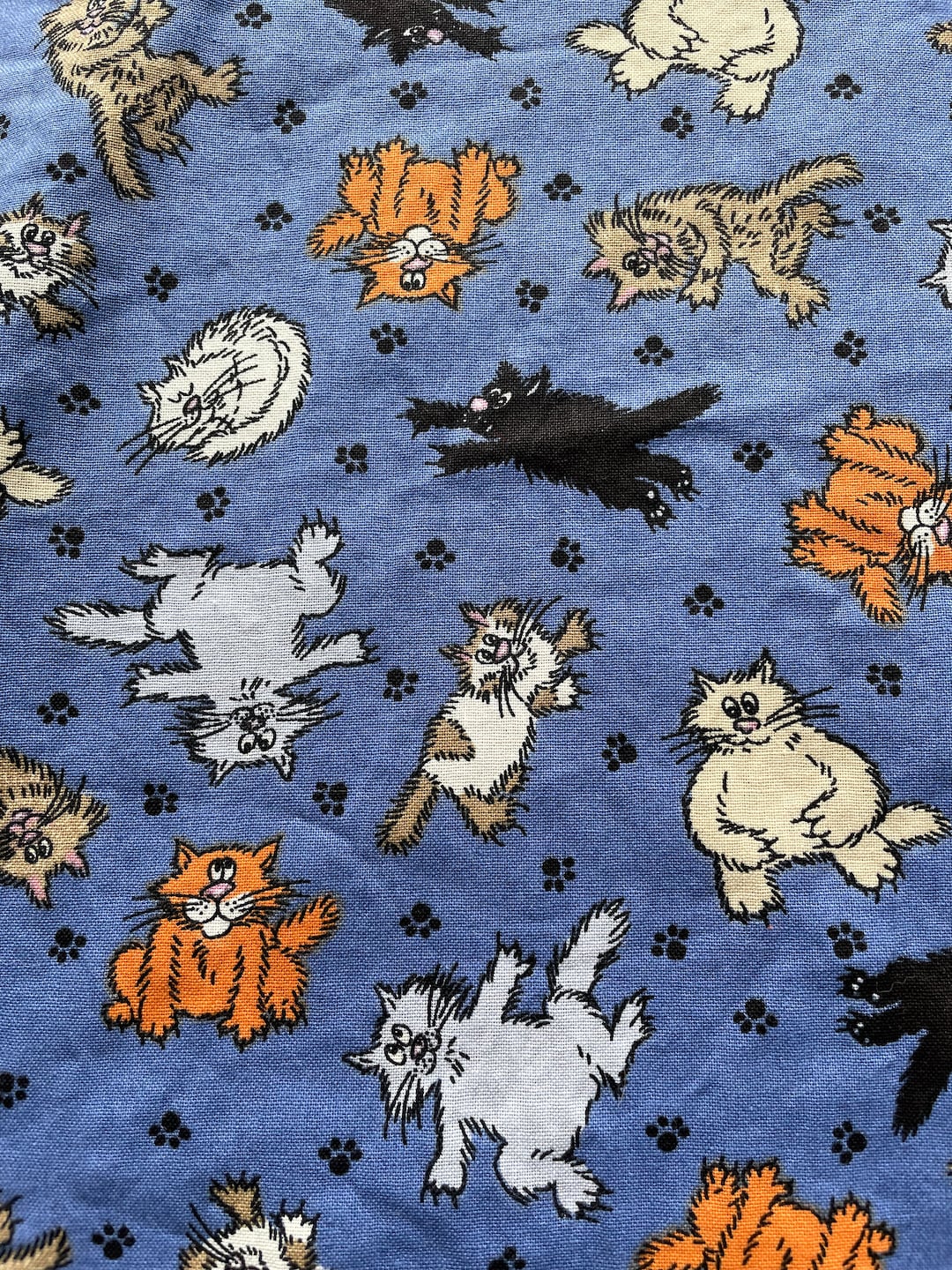Crazy Cat Fabric, Kitten Fabric, Cat Paw Prints, Blue Cat Fabric ...