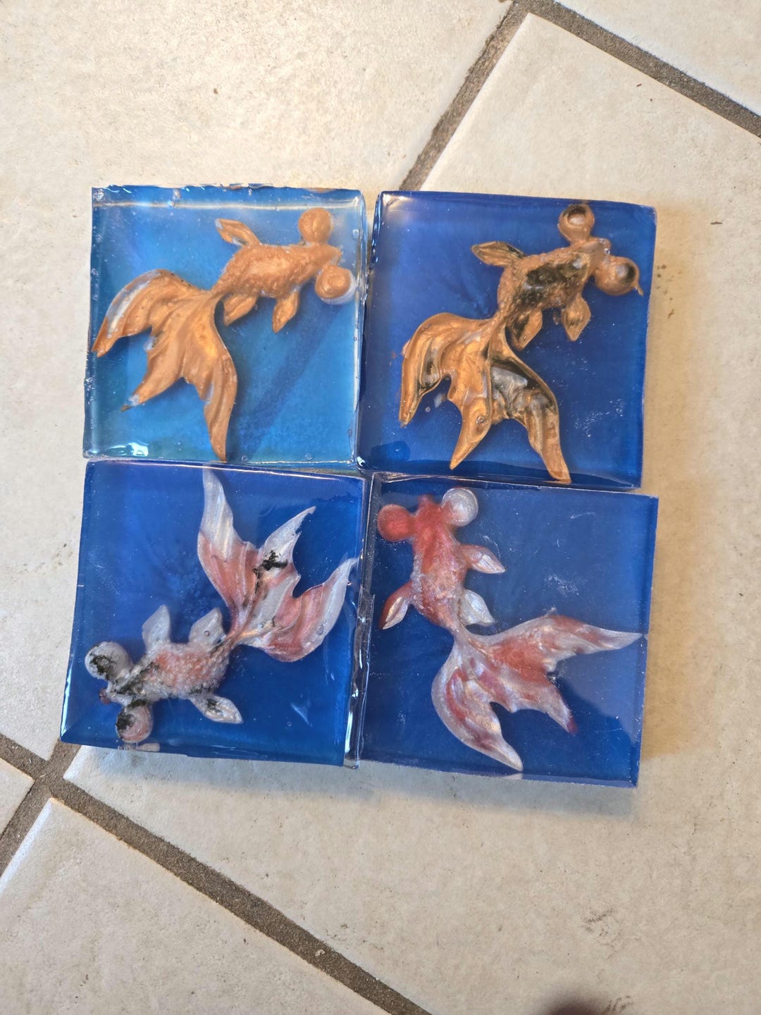 Set of Epoxy Resin Square Goldfish Coasters Blue Water With Orange Fish ...
