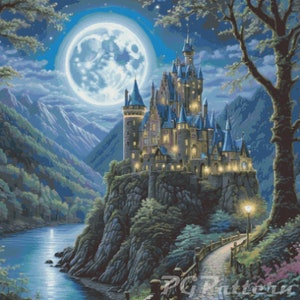 Medieval Castle in the Moonlight Modern Embroidery Cross Stitch Pattern ...