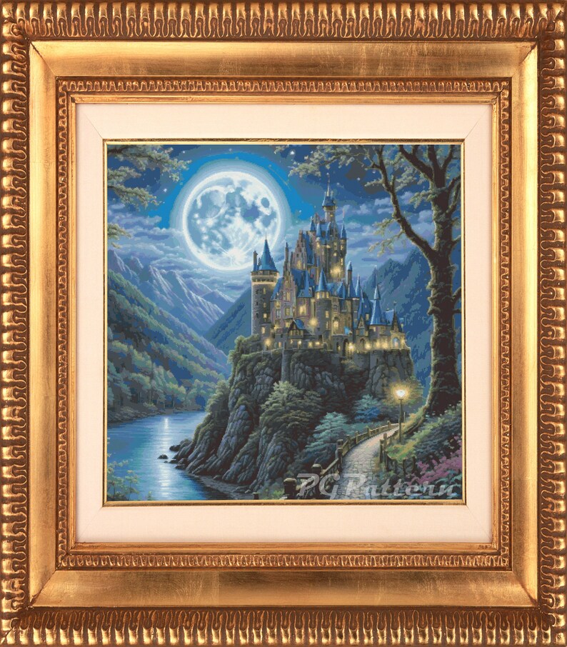 Medieval Castle in the Moonlight Modern Embroidery Cross Stitch Pattern ...