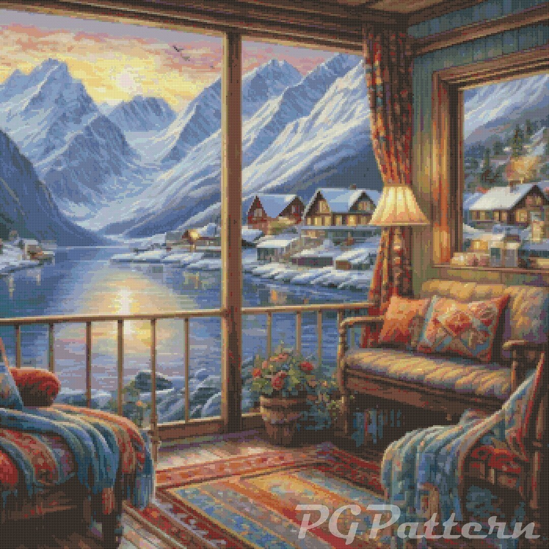 Snowy Mountain View Cross Stitch Pattern, Cozy Terrace Embroidery (PDF ...