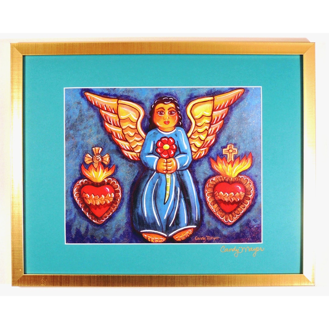 Sacred Heart Art, Mexican Folk Art Matted Print, Angel Art, Mexican ...