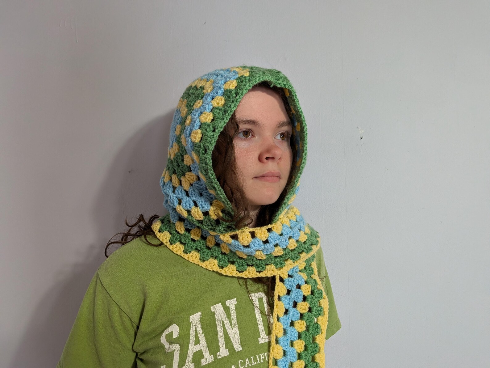 Crochet Hood Scarf, Granny Square, 100% Acrylic Yarn, Colorful Winter ...