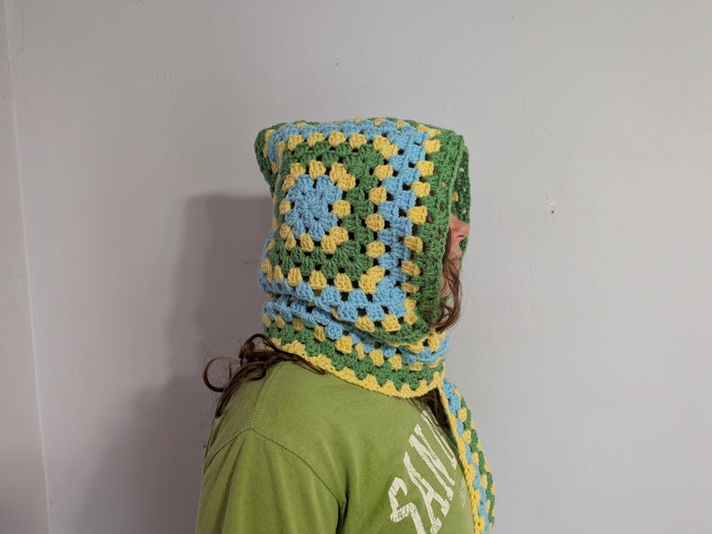 Crochet Hood Scarf, Granny Square, 100% Acrylic Yarn, Colorful Winter ...