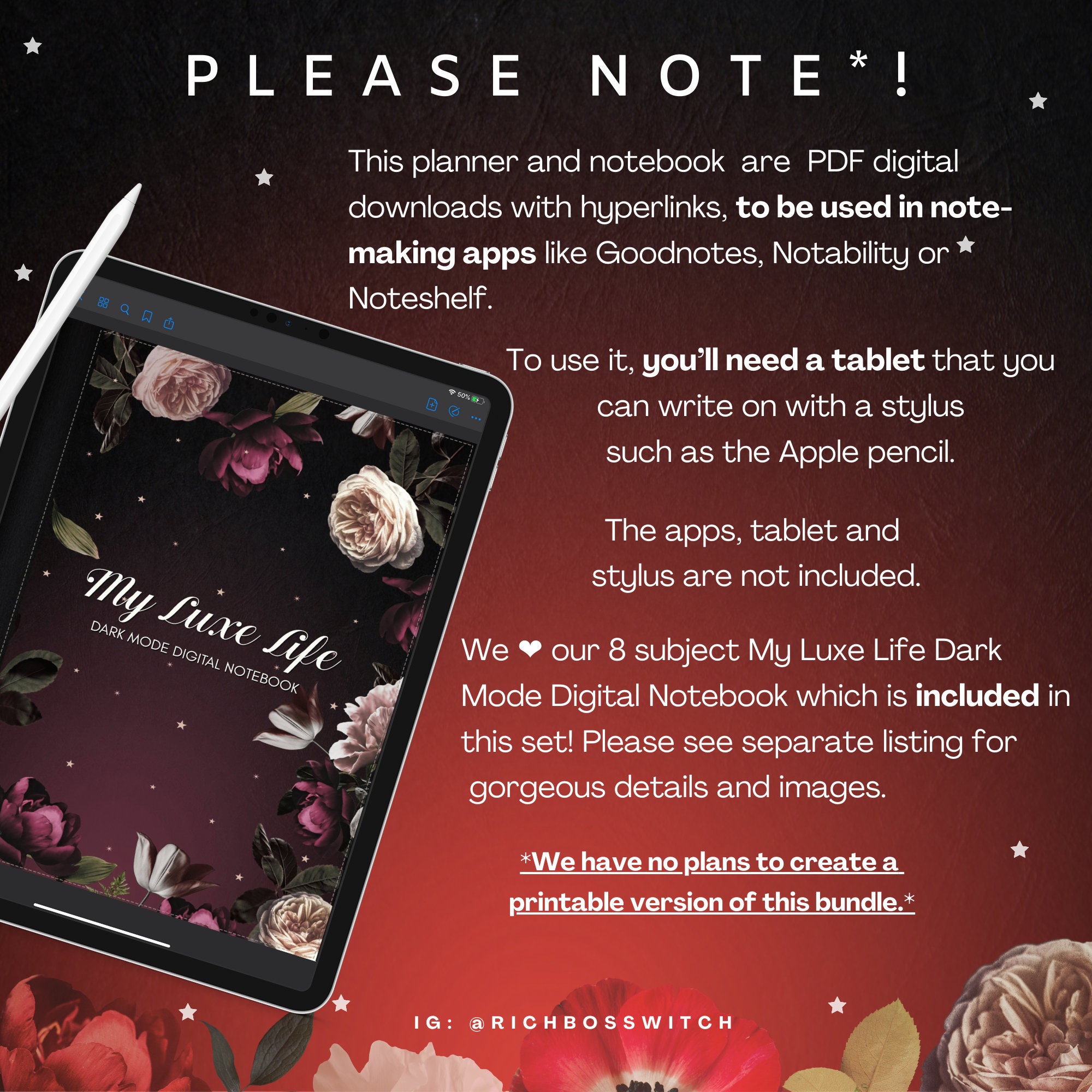 The Enchanted Woman Luxury Lifestyle Dark Mode Planner Kit Floral ...