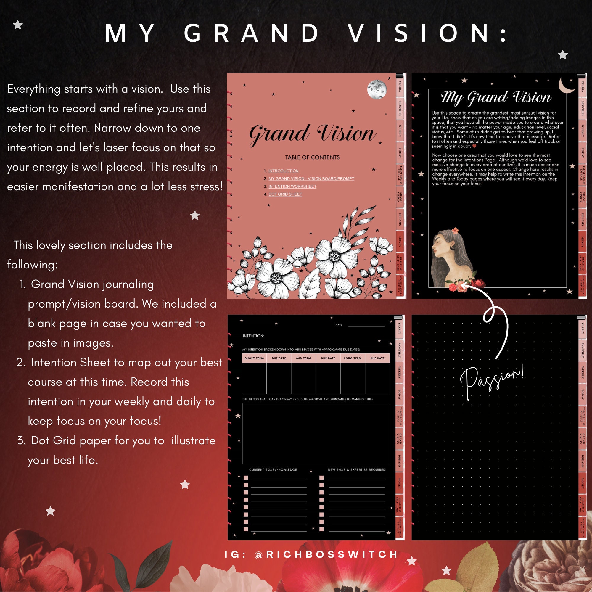 The Enchanted Woman Luxury Lifestyle Dark Mode Planner Kit Floral ...