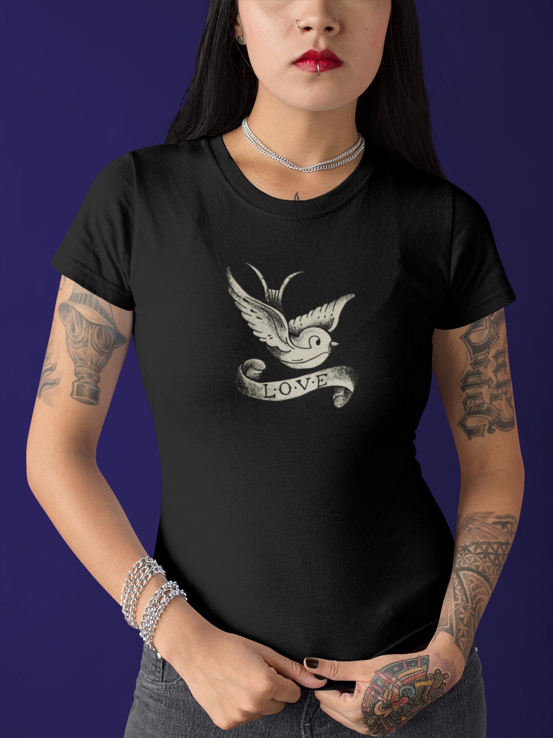 Love Tattoo Ribbon Sparrow Bird Tshirt - Etsy