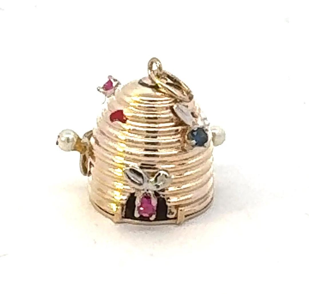 Vintage Bee Hive Charm Pendant With Sapphire, Ruby and Pearl - Etsy