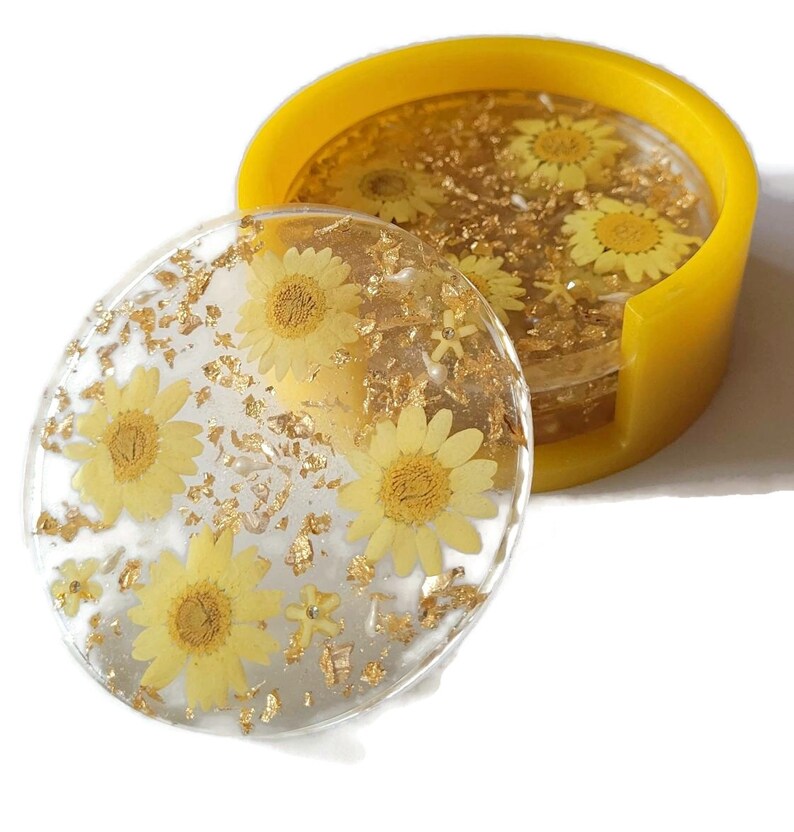 Daisy Flower Round Coasters With Holder/wine Glass - Etsy